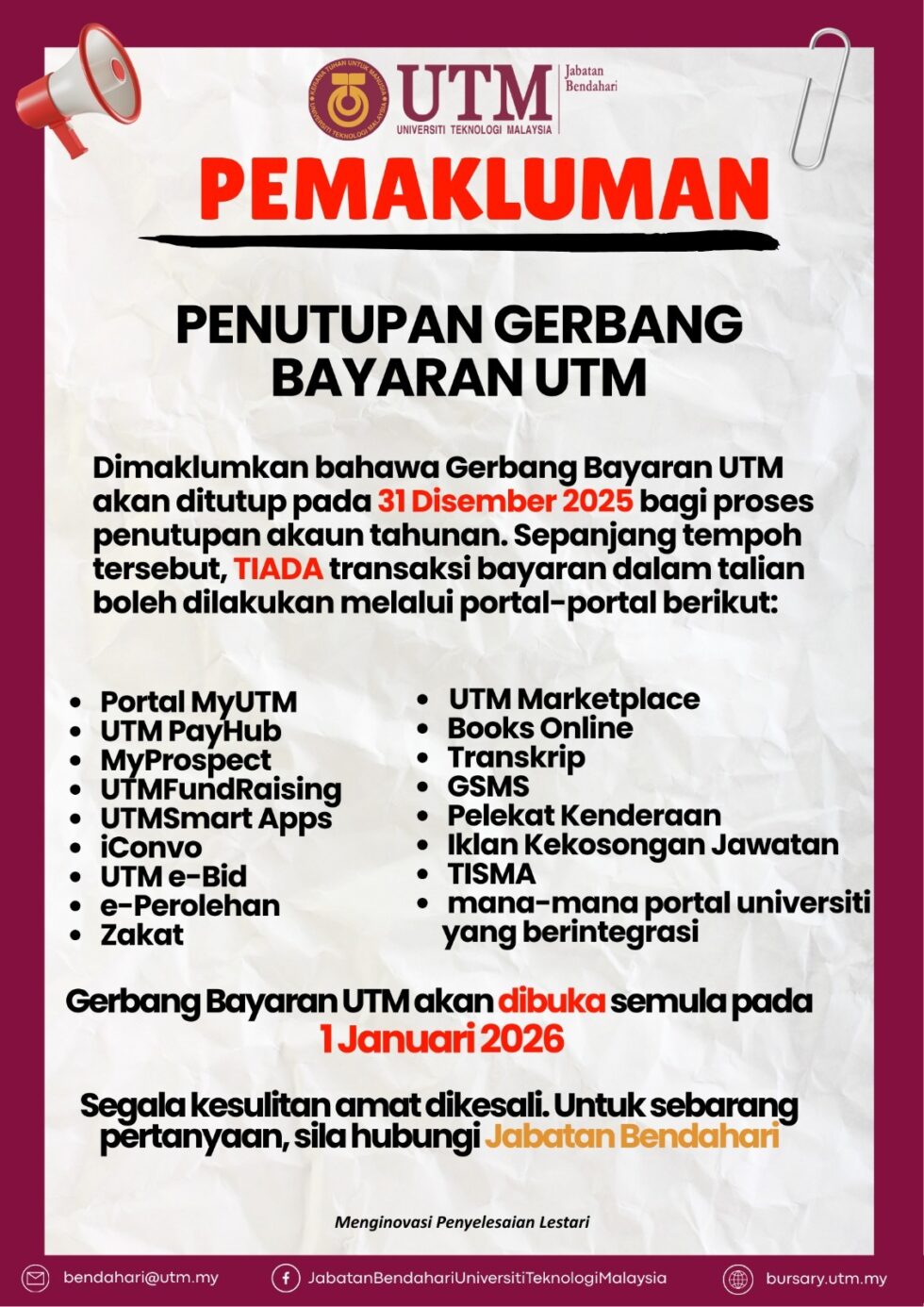 UTM Bursary | Jabatan Bendahari, Universiti Teknologi Malaysia (UTM)